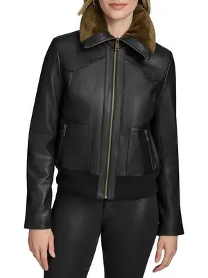 ANDREW MARC Andrew Marc Evie Lambskin Aviator Jacket With Faux Fur Collar