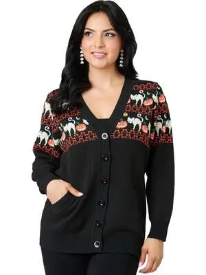 Unique Vintage Printed Knit Long Cardigan Black