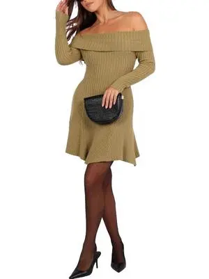 PETAL & PUP Francisco Off-the-shoulder Sweater Dress - Olive