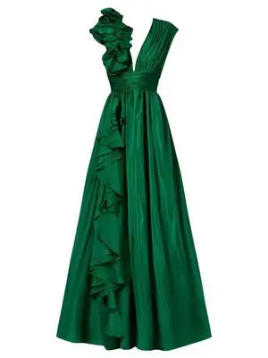 Mac Duggal Ruffle Shoulder V-neck Gown - Emerald
