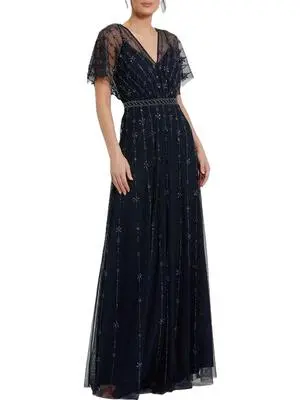 Mac Duggal V-neck Embellished A-line Gown - Midnight