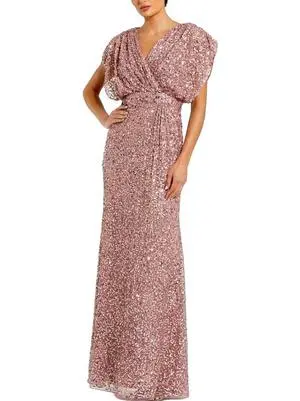 Mac Duggal Draped Sleeve V-neck Sequin Gown - Vintage Lilac