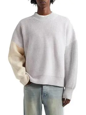 WASTE YARN PROJECT Laerke Colorblock Crewneck Sweater - Tonal White/ Beige/ Grey