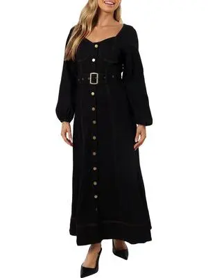 PETAL & PUP Petal & Pup Mateo Long Sleeve Belted Denim Maxi Dress