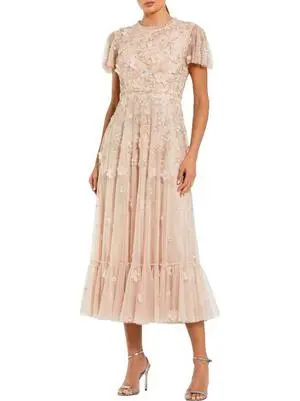 Mac Duggal Embellished High Neck Cap Sleeve A-line Gown - Blush