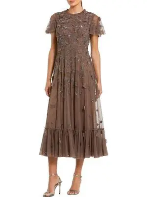 Mac Duggal Embellished High Neck Cap Sleeve A-line Gown - Chocolate