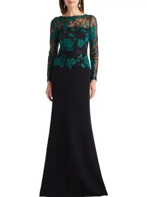Tadashi Shoji Floral Lace Embroidery Long Sleeve Gown - Emerald/black