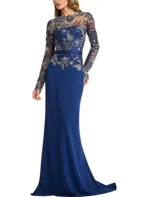 Tadashi Shoji Floral Lace Embroidery Long Sleeve Gown - Midnight