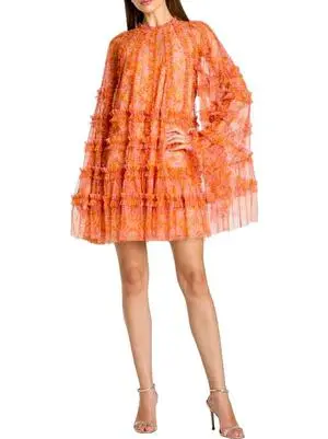 Mac Duggal Floral Print Ruffled Mesh Mini Dress - Mango Multi