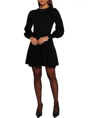 PETAL & PUP Gigi Long Sleeve Fit & Flare Sweater Minidress - Black