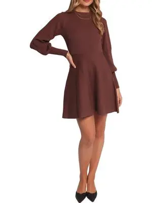 PETAL & PUP Gigi Long Sleeve Fit & Flare Sweater Minidress - Brown