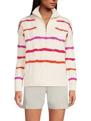 LANDS' END Cotton Quarter Zip Pullover Sweater - Fresh Ivory Wide Multi Stripe