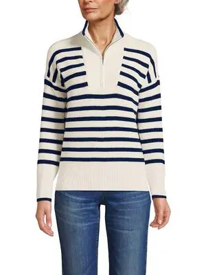 LANDS' END Cotton Quarter Zip Pullover Sweater - Ivory/navy Stripe