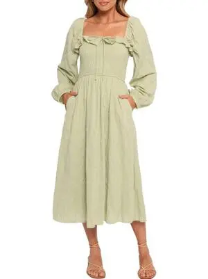 PETAL & PUP Ophelia Long Sleeve Midi Dress - Olive