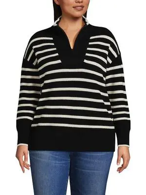 LANDS' END Drifter Cotton Quarter Zip Pullover Sweater Black/fresh Ivory Stripe