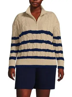 LANDS' END Drifter Cotton Quarter Zip Pullover Sweater Champagne/deep Sea Gulf Stripe