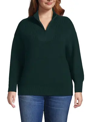 LANDS' END Drifter Cotton Quarter Zip Pullover Sweater Deep Forest