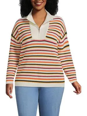 LANDS' END Drifter Cotton Quarter Zip Pullover Sweater Fresh Ivory Multi Stripe