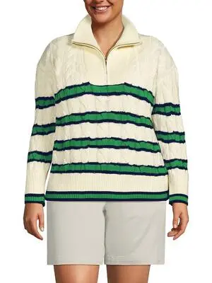 LANDS' END Drifter Cotton Quarter Zip Pullover Sweater Fresh Ivory/navy Clover Stripe