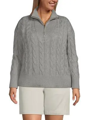 LANDS' END Drifter Cotton Quarter Zip Pullover Sweater Gray Heather