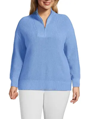 LANDS' END Drifter Cotton Quarter Zip Pullover Sweater Light Regatta Blue Heather