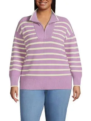 LANDS' END Drifter Cotton Quarter Zip Pullover Sweater Pink Amethyst Stripe