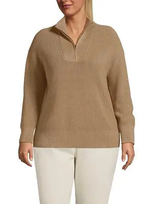 LANDS' END Drifter Cotton Quarter Zip Pullover Sweater Vicuna Heather