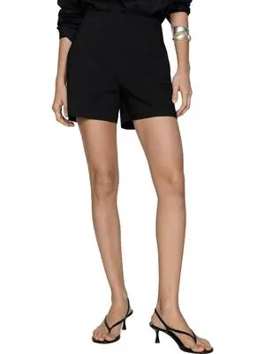 Mango Seamed High Waist Straight Leg Twill Shorts - Black