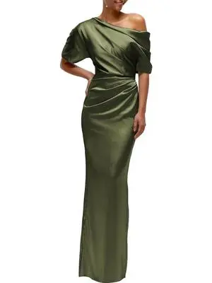 After Six After Six Ruched One-Shoulder Satin Gown Olive Green