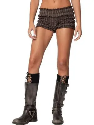 EDIKTED Plaid Ruched Shorts - Brown