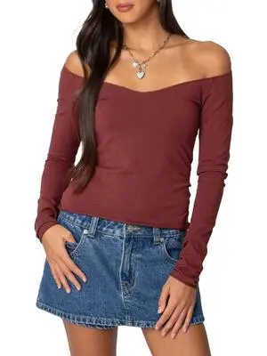 EDIKTED Nattie Off-the-shoulder Long Sleeve Top - Burgundy