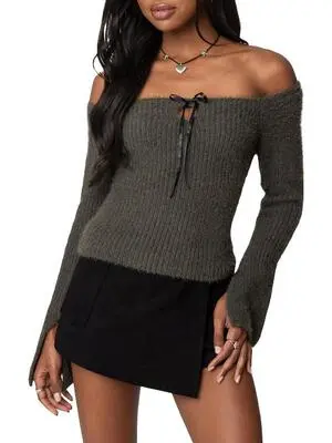 EDIKTED Off The Shoulder Knit Shirt - Gray