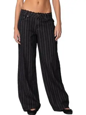 EDIKTED Stripe Lace Trim Wide Leg Jeans - Black