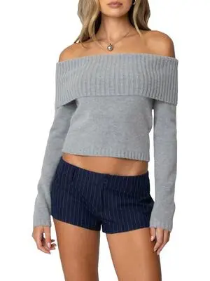 EDIKTED Tamara Foldover Crop Sweater - Gray-melange
