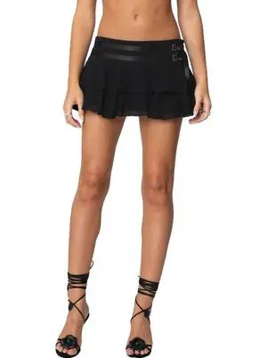 EDIKTED Double Belt Ruffled Chiffon Miniskirt - Black