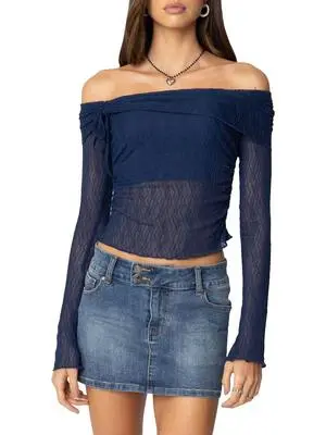 EDIKTED Off-the-shoulder Sheer Top - Navy