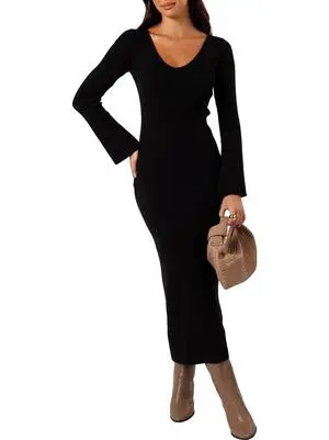 PETAL & PUP Lina V-neck Midi Sweater Dress - Black