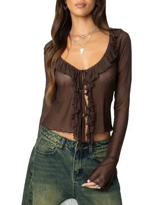 EDIKTED Sheer Mesh Ruffle Top - Brown