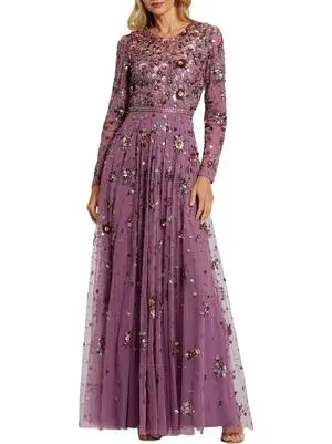 Mac Duggal Long Sleeve Beaded Gown - Raspberry