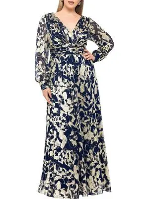 Betsy & Adam Long Sleeve Foil Print A-line Gown - Navy/gold
