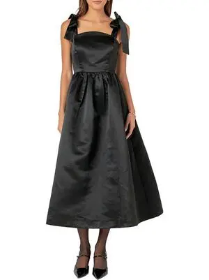 English Factory Bow Strap Satin Midi Dress - Black
