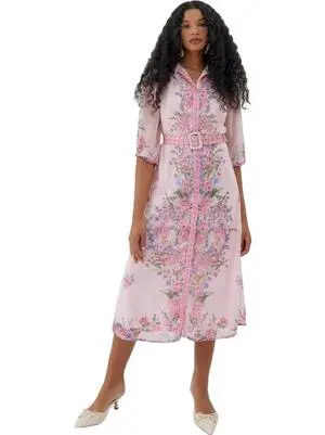 RAISHMA Floral Print Georgette Crinkle Midi Dress - Pink