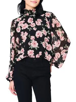 GIBSONLOOK Sophia Floral Print Smocked Blouse - Black Pink Floral
