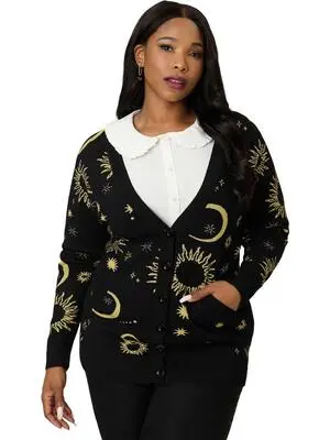 Unique Vintage Printed Knit Long Cardigan - Black & Gold Celestial