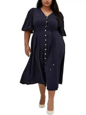 City Chic Dahlia Puff Sleeve Midi Dress - Navy