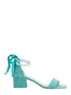 FOREVER & ALWAYS SHOES Illy Low Block Heel Pearl Sandals - Aqua Blue