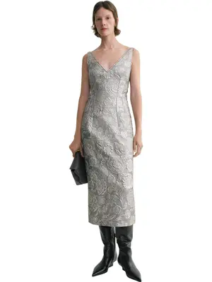 TOTEME V-neck Brocade Midi Dress - Silver