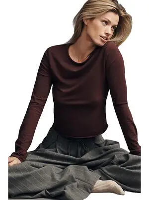 Anthropologie By Anthropologie Evan Long-Sleeve Raw-Edge Baby T-Shirt Brown Stone