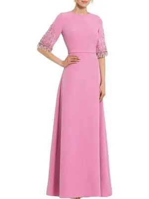 Mac Duggal Beaded Sleeve Crepe Gown - Rose