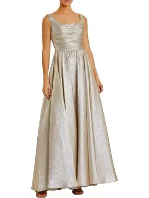 Mac Duggal Metallic Pleated Bodice Ballgown - Oyster